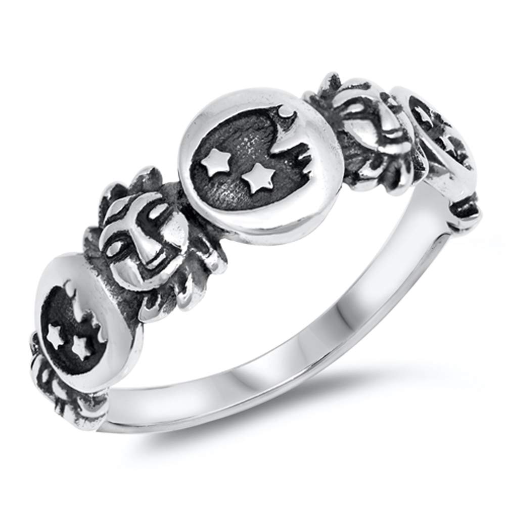 Oxidized Moon Star Sun Mythological Ring .925 Sterling Silver Band Size 6