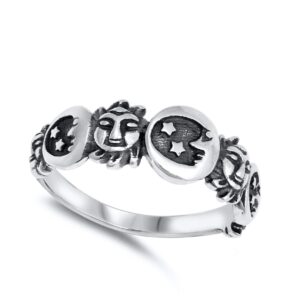 Oxidized Moon Star Sun Mythological Ring .925 Sterling Silver Band Size 6