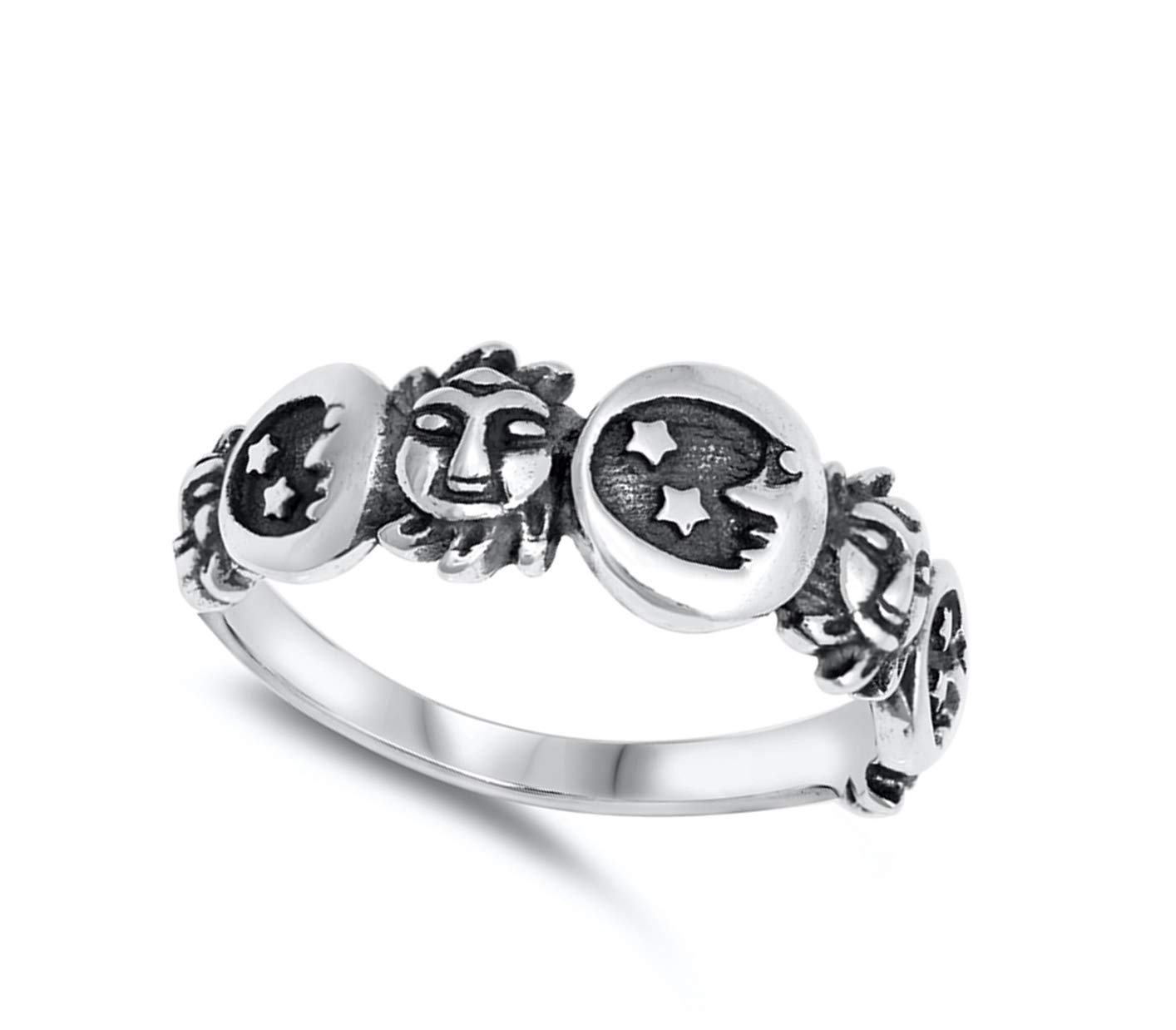 Oxidized Moon Star Sun Mythological Ring .925 Sterling Silver Band Size 6