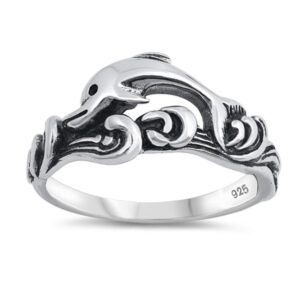 oxidized dolphin animal wave play ring new .925 sterling silver band size 6