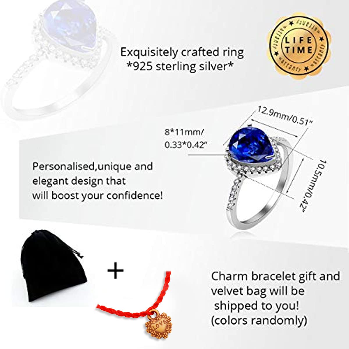 Uloveido Unique Sterling Silver Solitaire Rings, Pear Shape Navy Blue Cubic Zirocnia Halo Rings, Fashion Women Wedding Engagement Jewelry (Blue, Size 7) JZ116