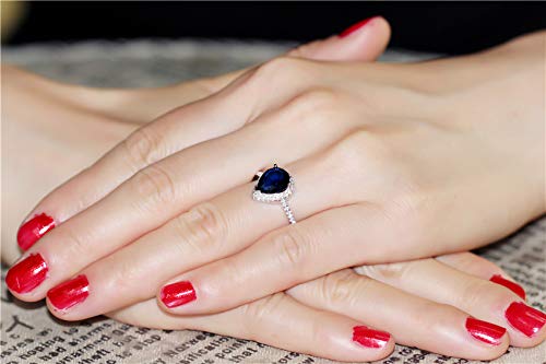 Uloveido Unique Sterling Silver Solitaire Rings, Pear Shape Navy Blue Cubic Zirocnia Halo Rings, Fashion Women Wedding Engagement Jewelry (Blue, Size 7) JZ116