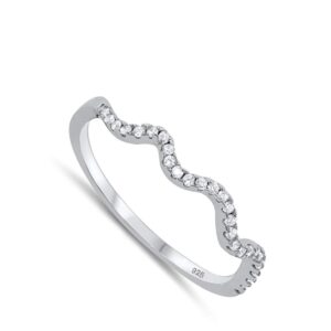 White CZ Wave Micro Pave Wavy Stacking Ring .925 Sterling Silver Band Size 8