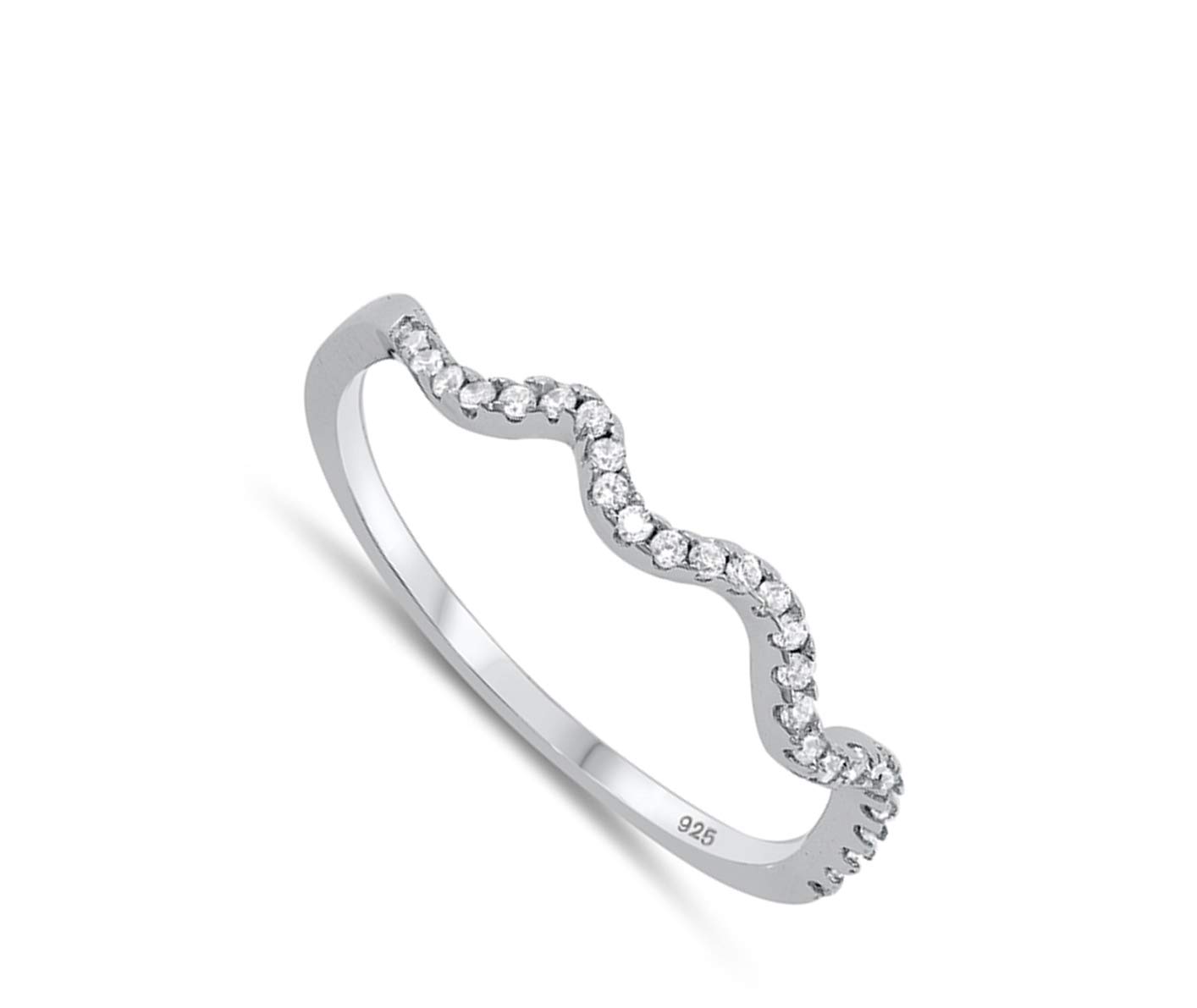 White CZ Wave Micro Pave Wavy Stacking Ring .925 Sterling Silver Band Size 8