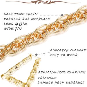 HANPABUM Gold Plated Chunky Rope Chain Necklace and Large Hollow Casting Triangle Bamboo Hoop Earrings Set for Men Women Costume Jewelry Punk Hip Hop Rapper Style (A:Triangle)