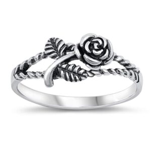 oxidized rose flower twisted rope ring new .925 sterling silver band size 7