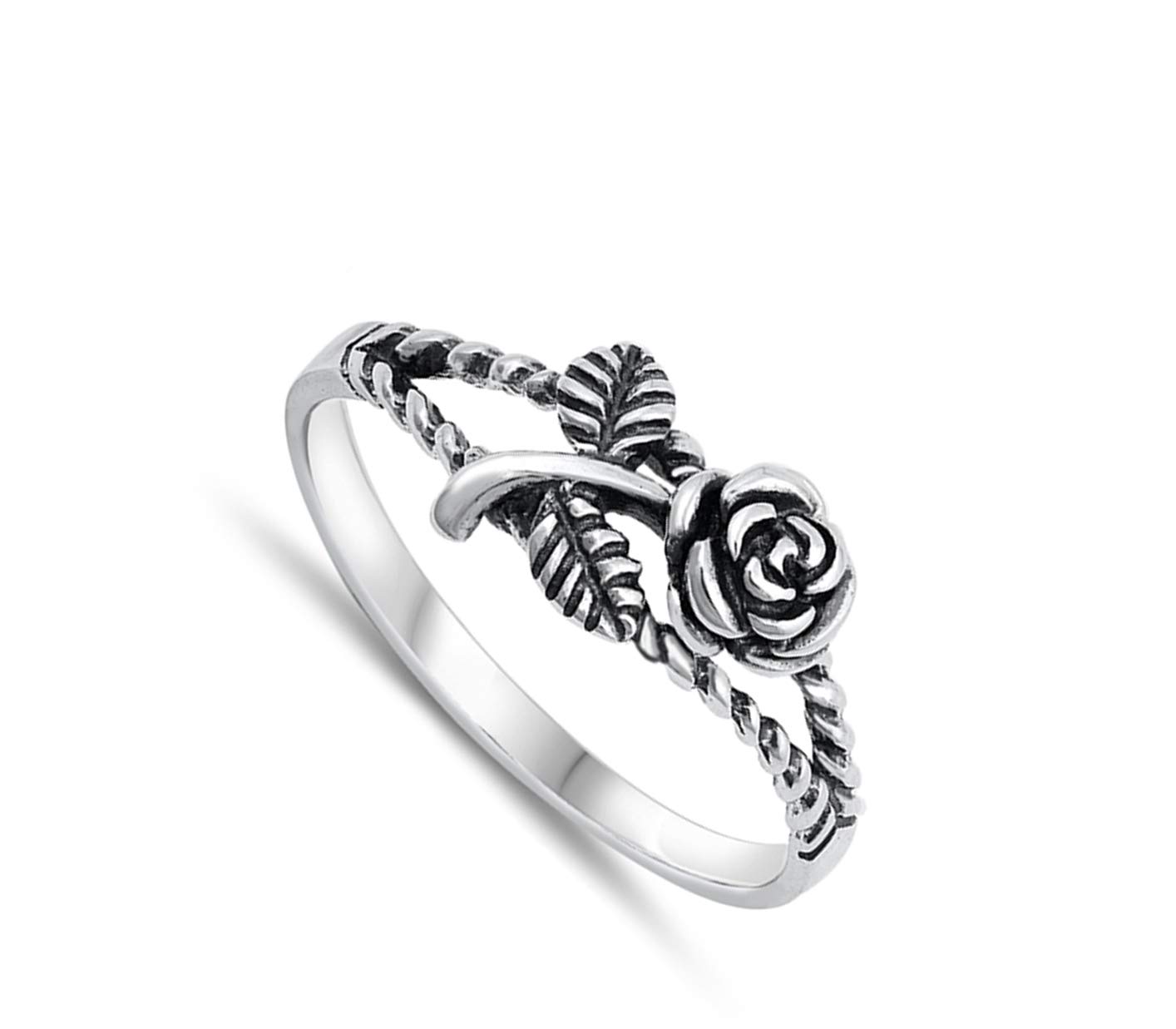 Oxidized Rose Flower Twisted Rope Ring New .925 Sterling Silver Band Size 7