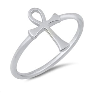 simple high polish ankh cross loop ring new .925 sterling silver band size 7