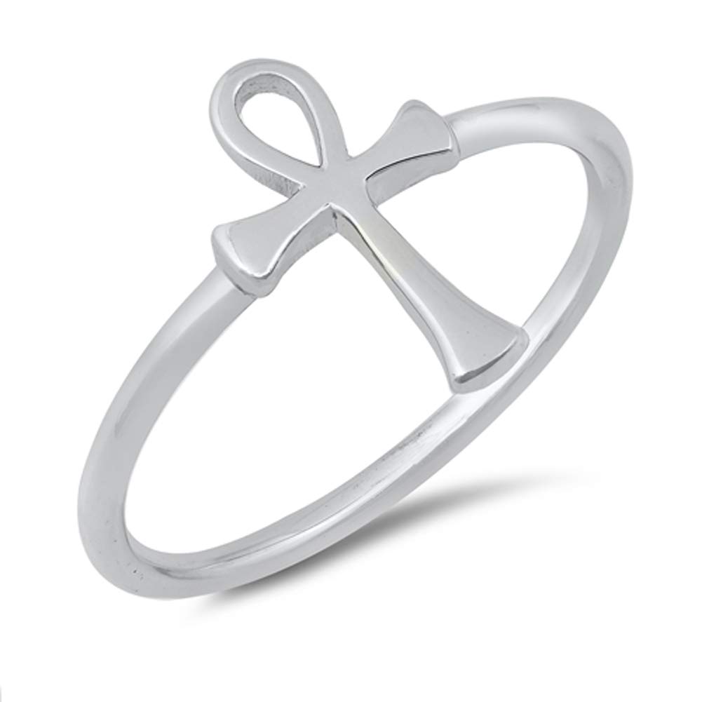 Simple High Polish Ankh Cross Loop Ring New .925 Sterling Silver Band Size 7