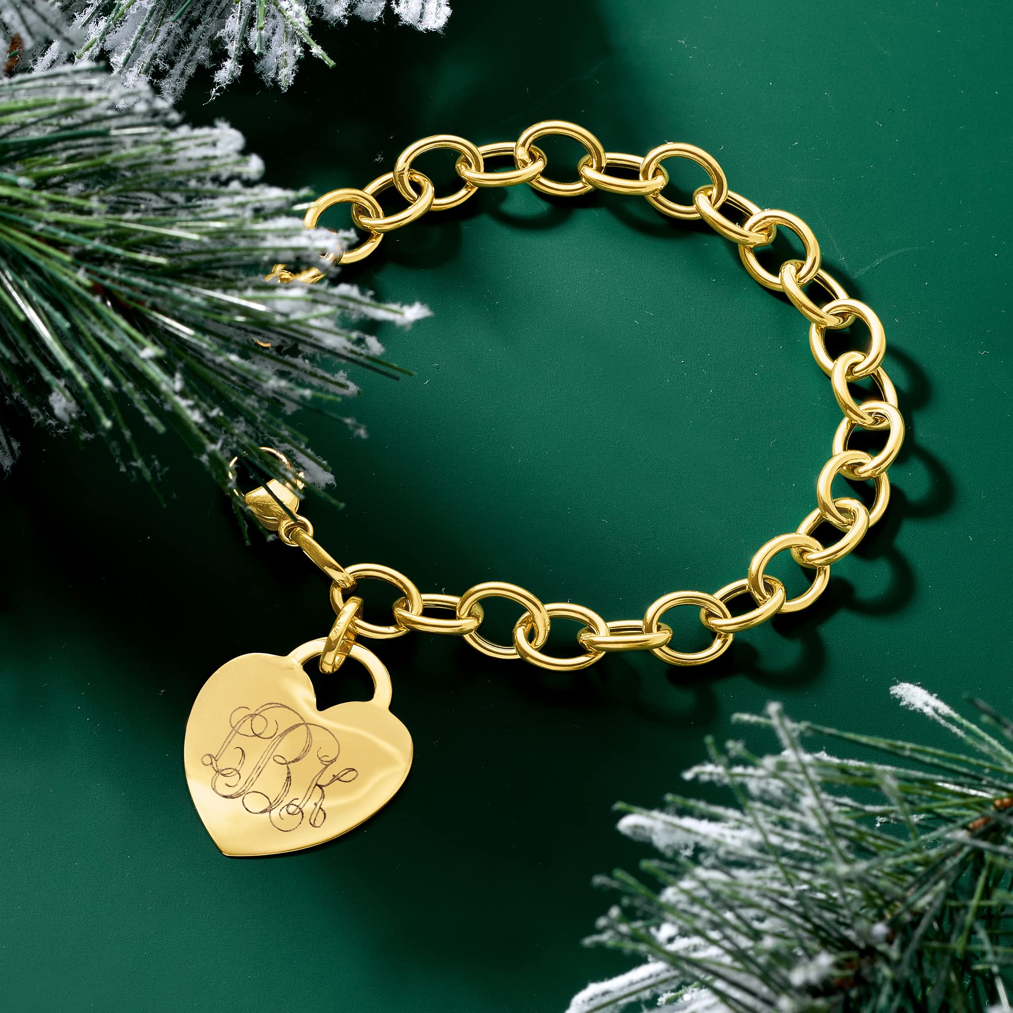 Ross-Simons Monogram Italian 14kt Yellow Gold Heart Charm Bracelet. 8 inches