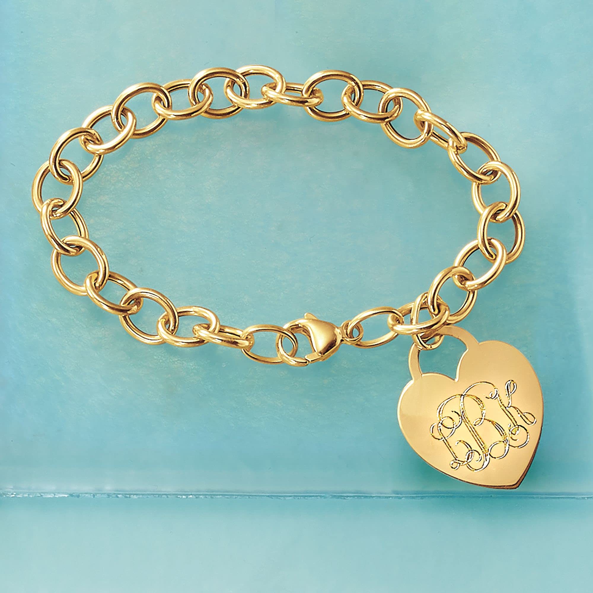 Ross-Simons Monogram Italian 14kt Yellow Gold Heart Charm Bracelet. 8 inches