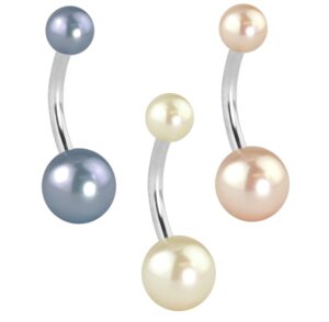 forbidden body jewelry 3-pk surgical steel double ball imitation pearl belly button ring, navy/pink/white