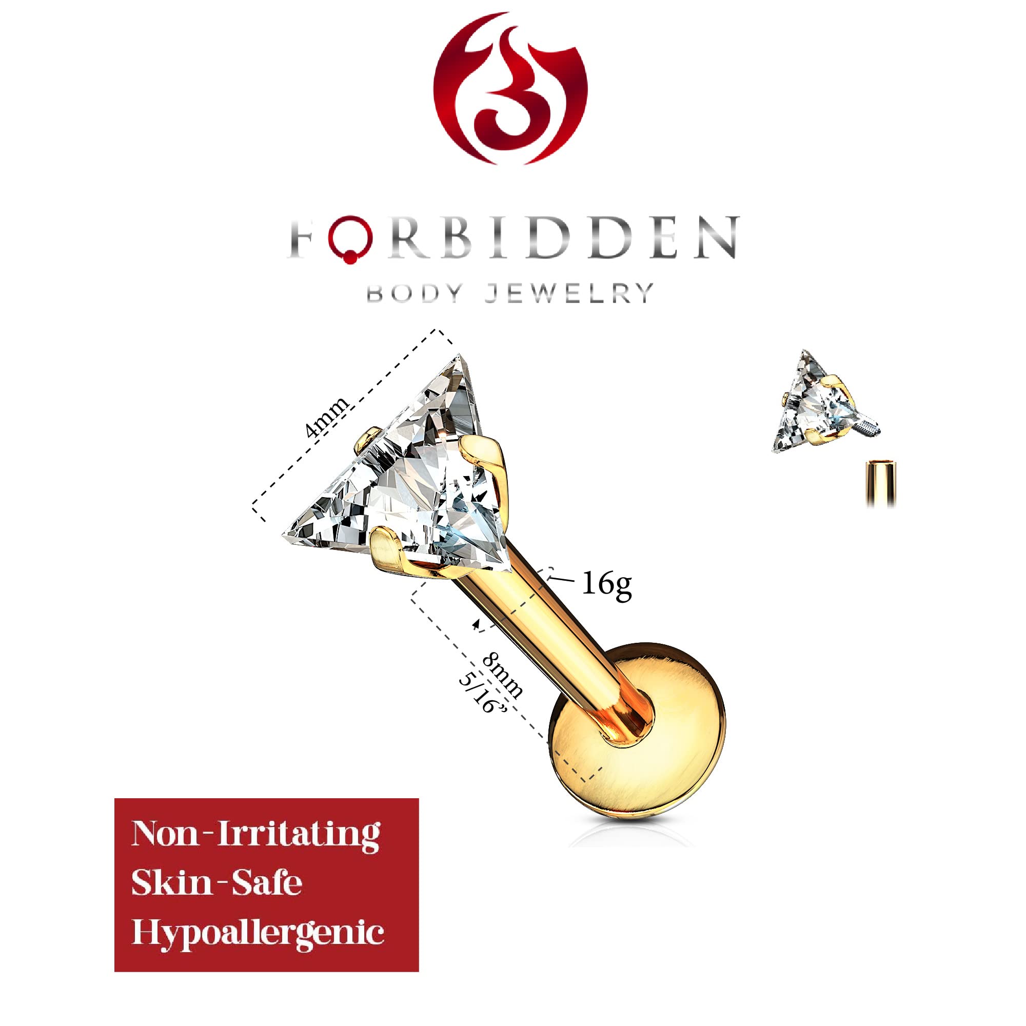 Forbidden Body Jewelry 16g 8mm Internally Threaded Surgical Steel Triangle CZ Labret Stud (Gold)