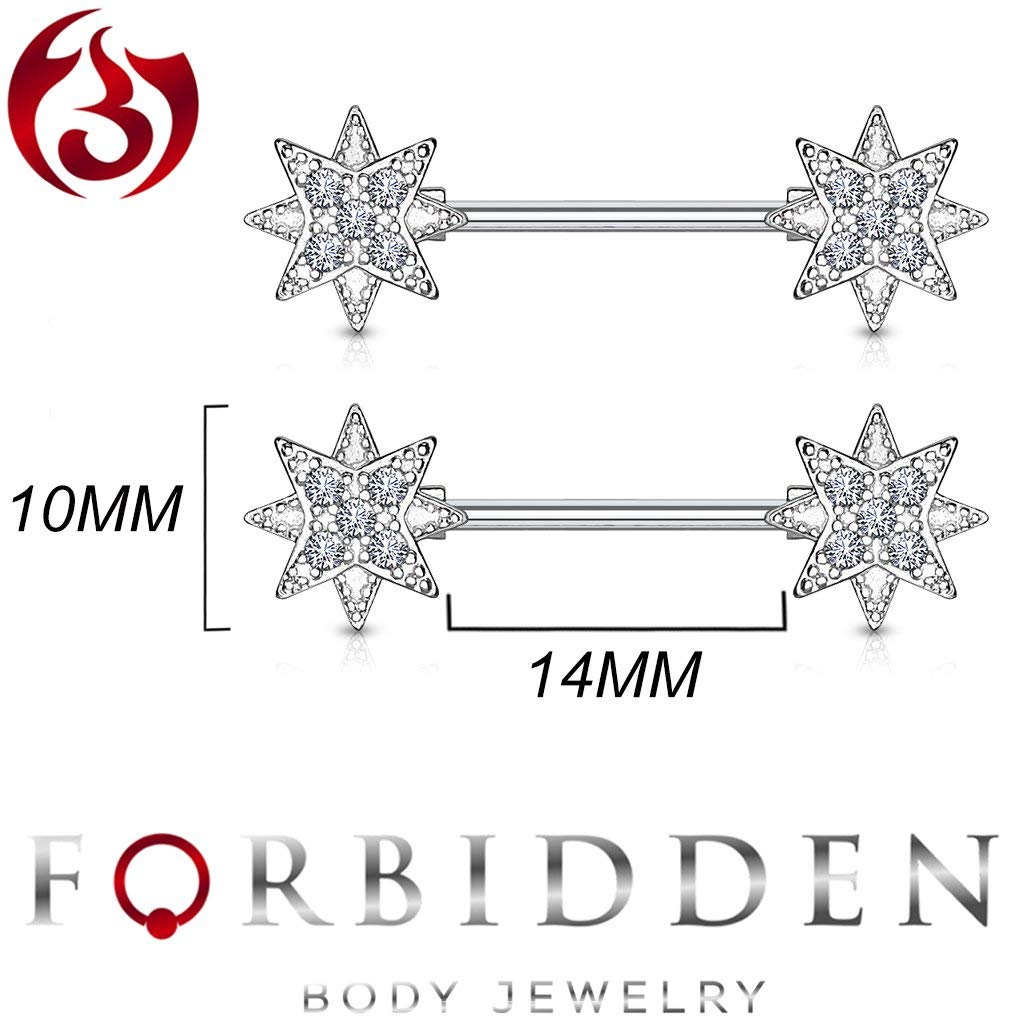 Forbidden Body Jewelry nipple rings, 14mm stainless steal nipple ring, CZ supernova star nipple piercing jewelry, nipple rings for women and men, nipple barbells for women and men.