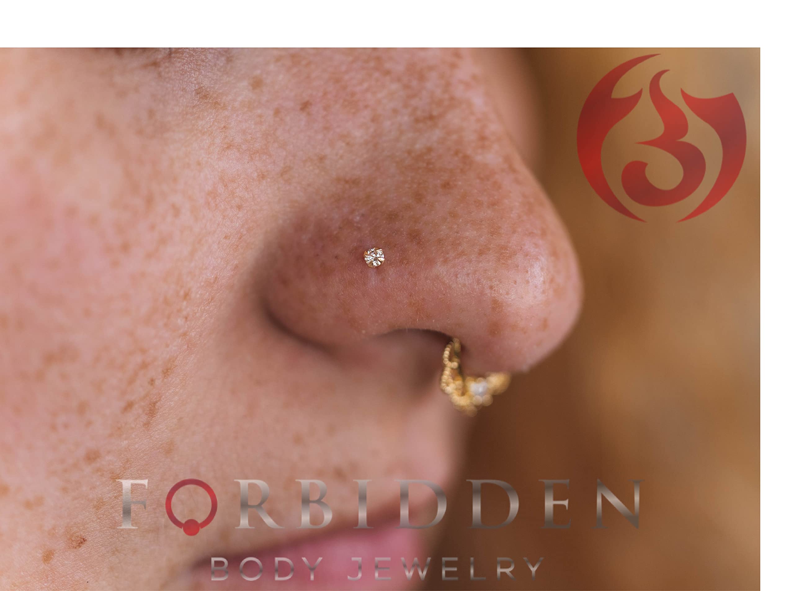 Forbidden Body Jewelry 14k White Gold Nose Ring, 20g, Solid 6mm Stud, 2mm CZ Simulated Diamond, Non-Irritating Skin Safe Real Gold, Women and Men