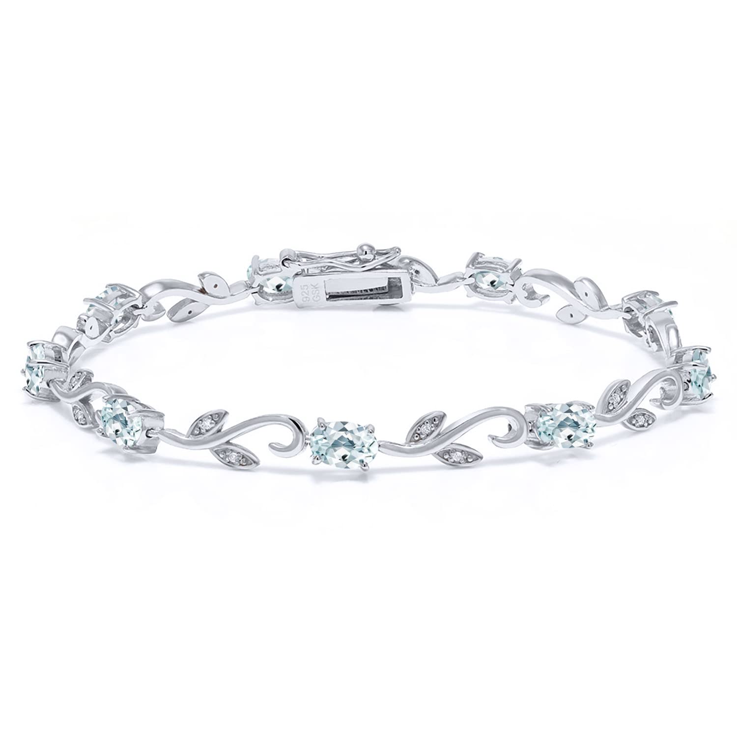 Gem Stone King 4.63 Cttw Oval Sky Blue Aquamarine and Diamond Greek Vine Tennis Bracelet For Women In 925 Sterling Silver | Gemstone Birthstone | Oval 6X4MM | 7 Inch