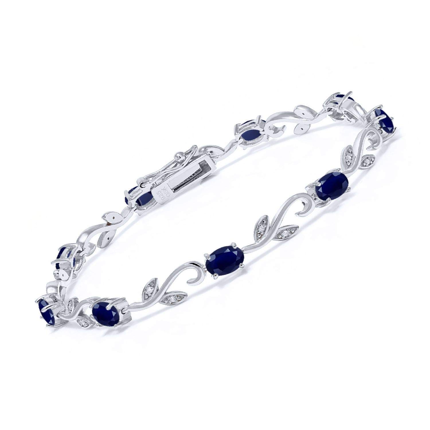 Gem Stone King 925 Sterling Silver Blue Sapphire and White Diamond Oval Tennis Bracelet | Greek Vine Bracelet for Women | 5.12 Cttw | Oval 6X4MM | Gemstone Birthstone | 7 Inch