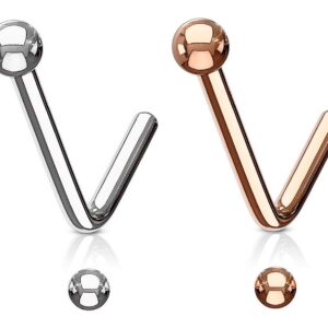 Forbidden Body Jewelry 2 Pack: 18g Surgical Steel L Shaped 2mm Ball Top Nose Rings (Rose Gold/Steel)