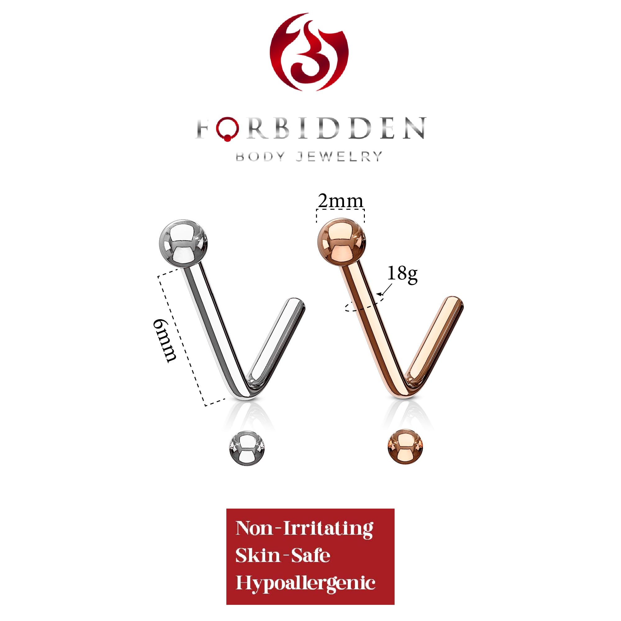 Forbidden Body Jewelry 2 Pack: 18g Surgical Steel L Shaped 2mm Ball Top Nose Rings (Rose Gold/Steel)