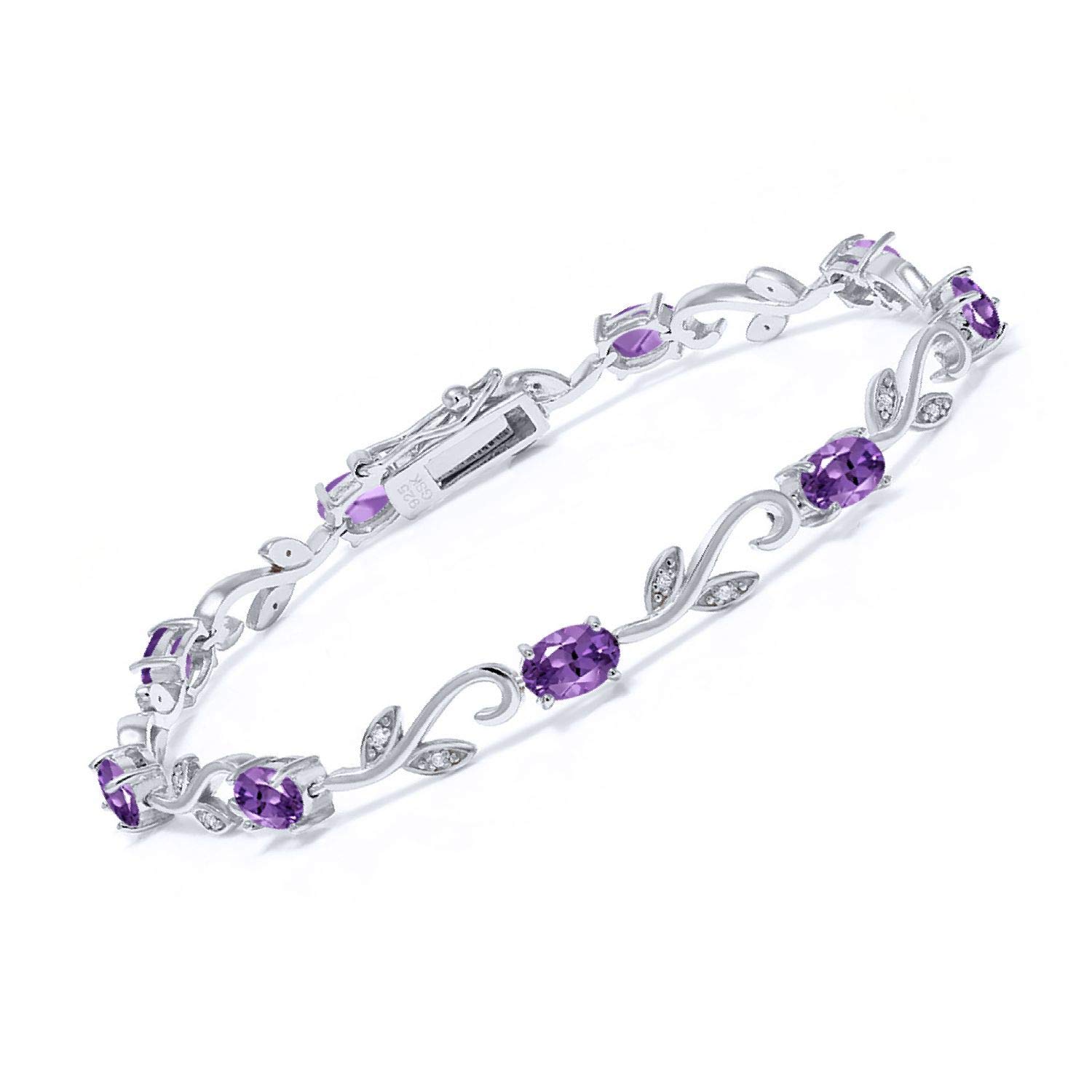 Gem Stone King 4.18 Cttw Purple Amethyst and White Diamond Greek Vine Tennis Bracelet For Women In 925 Sterling Silver | Gemstone Birthstone | Oval 6X4MM | 7 Inch