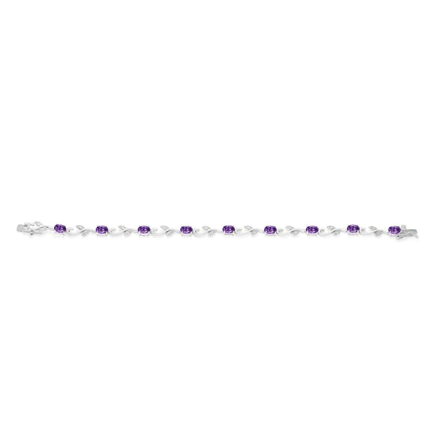 Gem Stone King 4.18 Cttw Purple Amethyst and White Diamond Greek Vine Tennis Bracelet For Women In 925 Sterling Silver | Gemstone Birthstone | Oval 6X4MM | 7 Inch