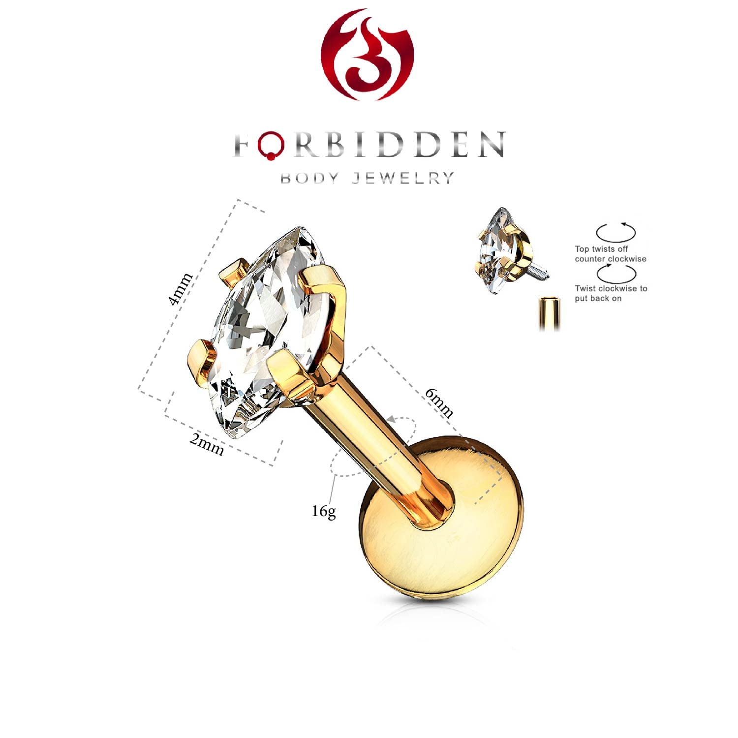 Forbidden Body Jewelry Tragus Earring, Labret Jewelry 16g, Tragus Piercing Jewelry Surgical Steel, Internally Threaded Surgical Steel Marquise CZ Labret Stud (Gold 6MM)