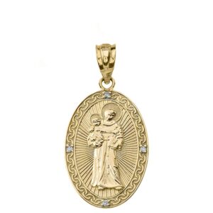 solid 14k yellow gold oval st. anthony of padua medal pendant with diamond (1.20")