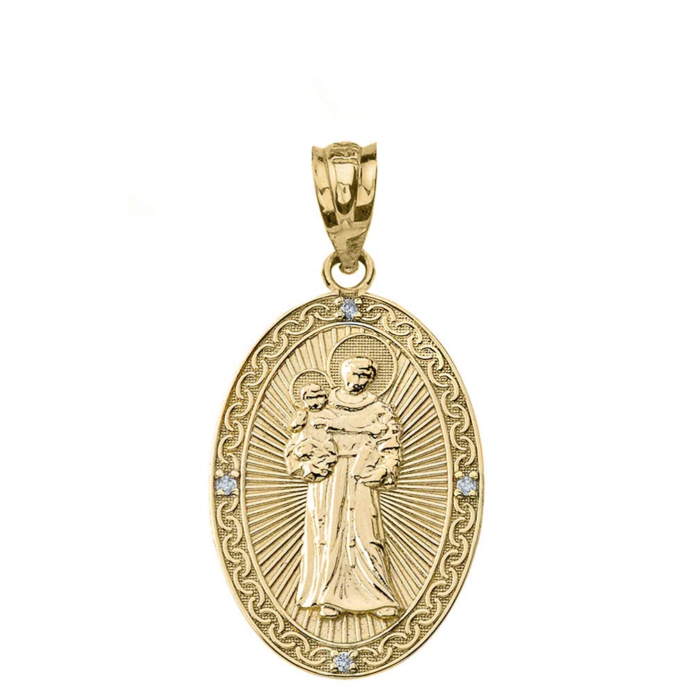 Solid 14k Yellow Gold Oval St. Anthony of Padua Medal Pendant with Diamond (1.20")