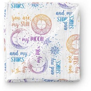 aenne baby muslin swaddle blanket for boys & girls, infant toddler quilt, luxurious wrap, soft and silky stroller & nursing cover, colourful rainbow sun moon stars blankie, large 47"x 47", 1 pack