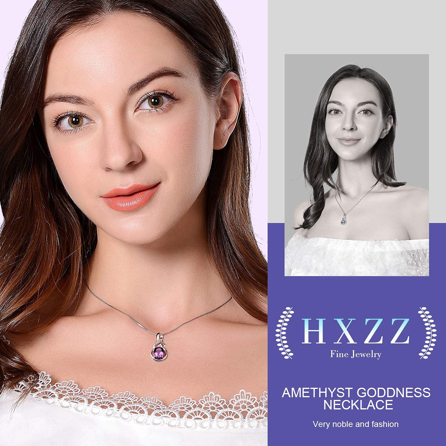 HXZZ Fine Jewelry Birthstone Gifts for Women Natural Gemstone Amethyst Sterling Silver Pendant Necklace Birthday Gift for Wife Mom Her