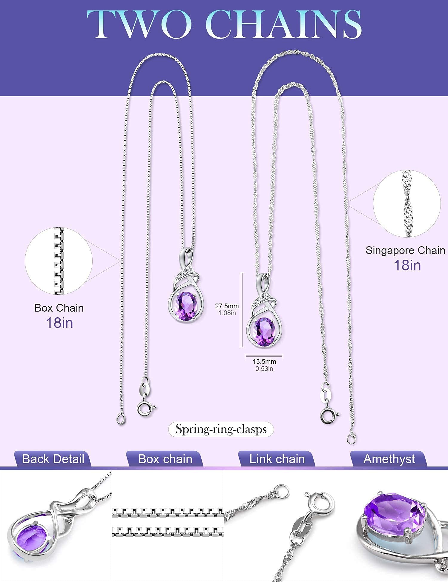 HXZZ Fine Jewelry Birthstone Gifts for Women Natural Gemstone Amethyst Sterling Silver Pendant Necklace Birthday Gift for Wife Mom Her