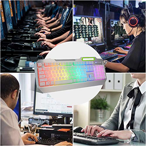 Lumsburry RGB LED Backlit Gaming Keyboard with Anti-ghosting, Light up Keys Multimedia Control, USB Wired 104 Keys Metal Keyboard for PC Games Office (Silver&White)