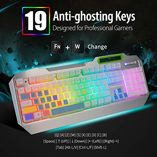 Lumsburry RGB LED Backlit Gaming Keyboard with Anti-ghosting, Light up Keys Multimedia Control, USB Wired 104 Keys Metal Keyboard for PC Games Office (Silver&White)