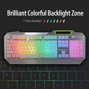 Lumsburry RGB LED Backlit Gaming Keyboard with Anti-ghosting, Light up Keys Multimedia Control, USB Wired 104 Keys Metal Keyboard for PC Games Office (Silver&White)