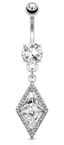 forbidden body jewelry surgical steel fancy dia-cut pave cz triangle dangle belly ring (clear)