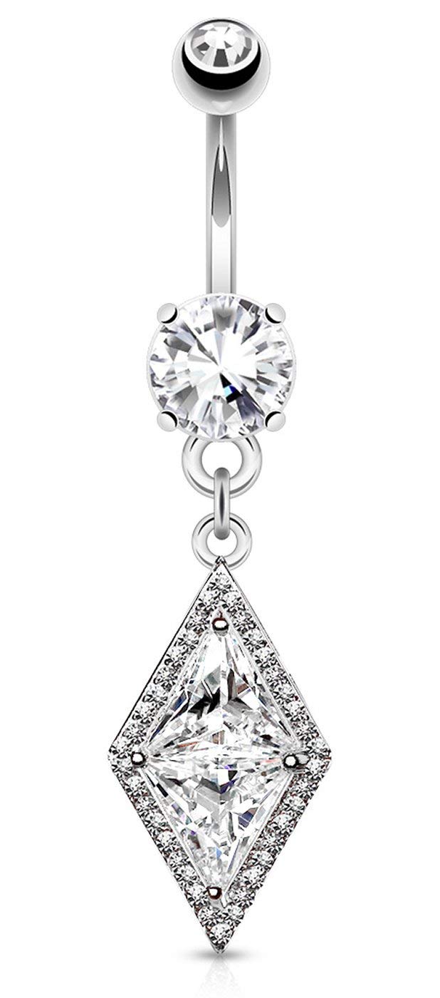 Forbidden Body Jewelry Surgical Steel Fancy Dia-Cut Pave CZ Triangle Dangle Belly Ring (Clear)