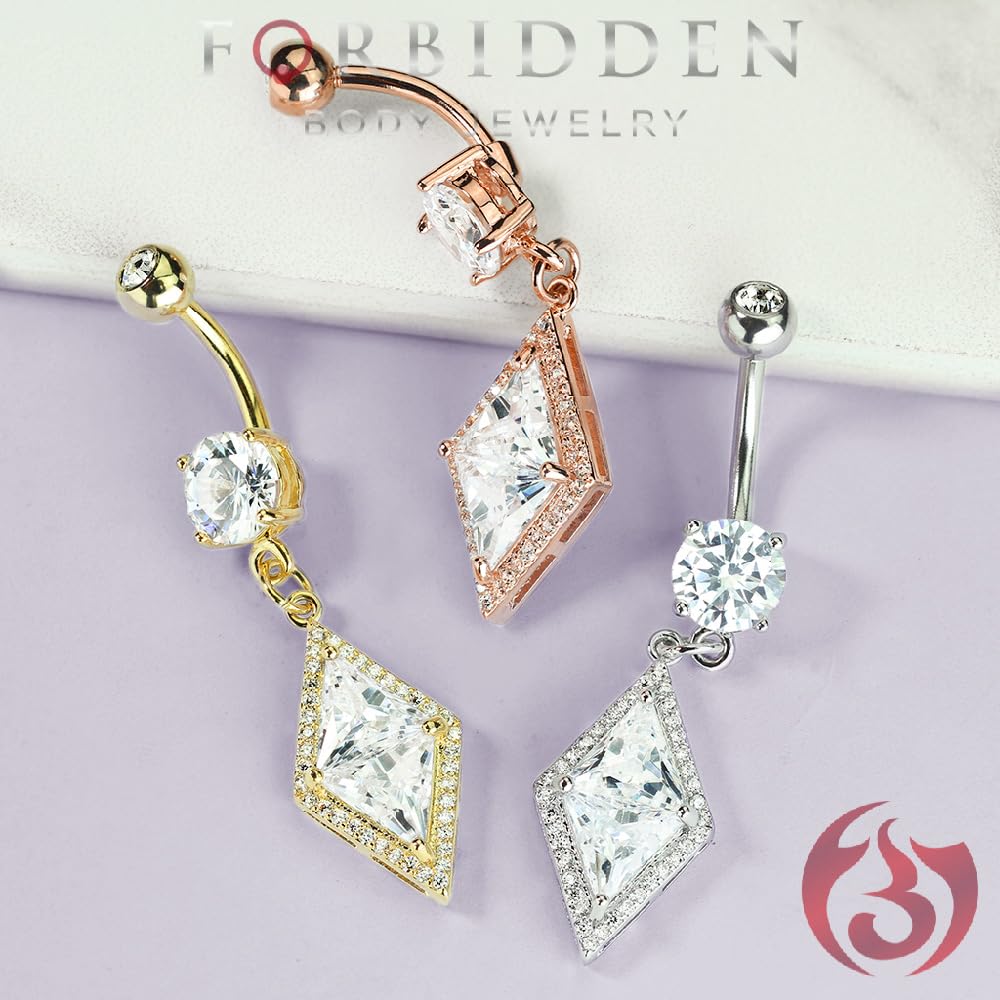 Forbidden Body Jewelry Surgical Steel Fancy Dia-Cut Pave CZ Triangle Dangle Belly Ring (Clear)