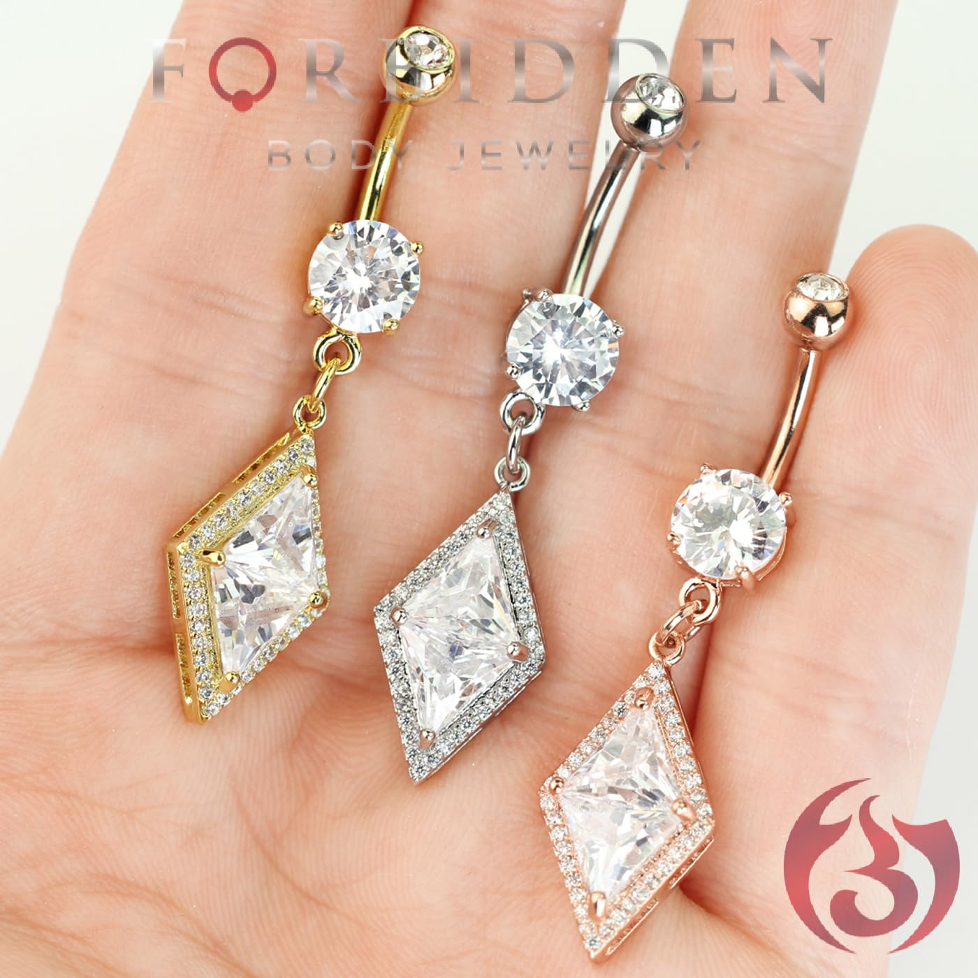 Forbidden Body Jewelry Surgical Steel Fancy Dia-Cut Pave CZ Triangle Dangle Belly Ring (Clear)