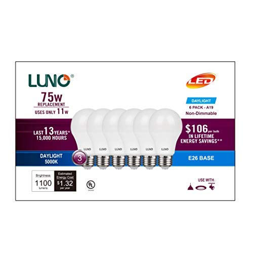 LUNO A19 Non-Dimmable LED Bulb, 11W (75W Equivalent), 1100 Lumens, 5000K (Daylight), Medium Base (E26), UL Certified (6-Pack)