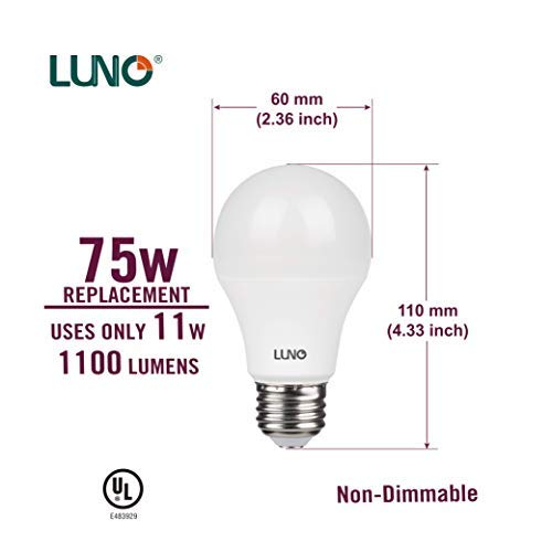 LUNO A19 Non-Dimmable LED Bulb, 11W (75W Equivalent), 1100 Lumens, 5000K (Daylight), Medium Base (E26), UL Certified (6-Pack)