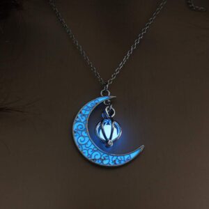 eeqqbz glow in the dark silver crescent moon and orb necklace - glowing blue moon charm - magical fantasy fairy glowing necklace - glow jewelry (sky blue)