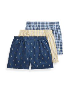 polo ralph lauren men's classic fit woven cotton boxers, rustic navy/campus yellow, summer stripe/cruise navy, sag harbor plaid/polo yellow, x-large