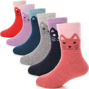 antsang kids merino wool hiking socks toddlers boys girls winter warm thick thermal crew boot heavy cozy snow cabin gift snowboarding socks 6 pairs for childs(cat,8-12y)