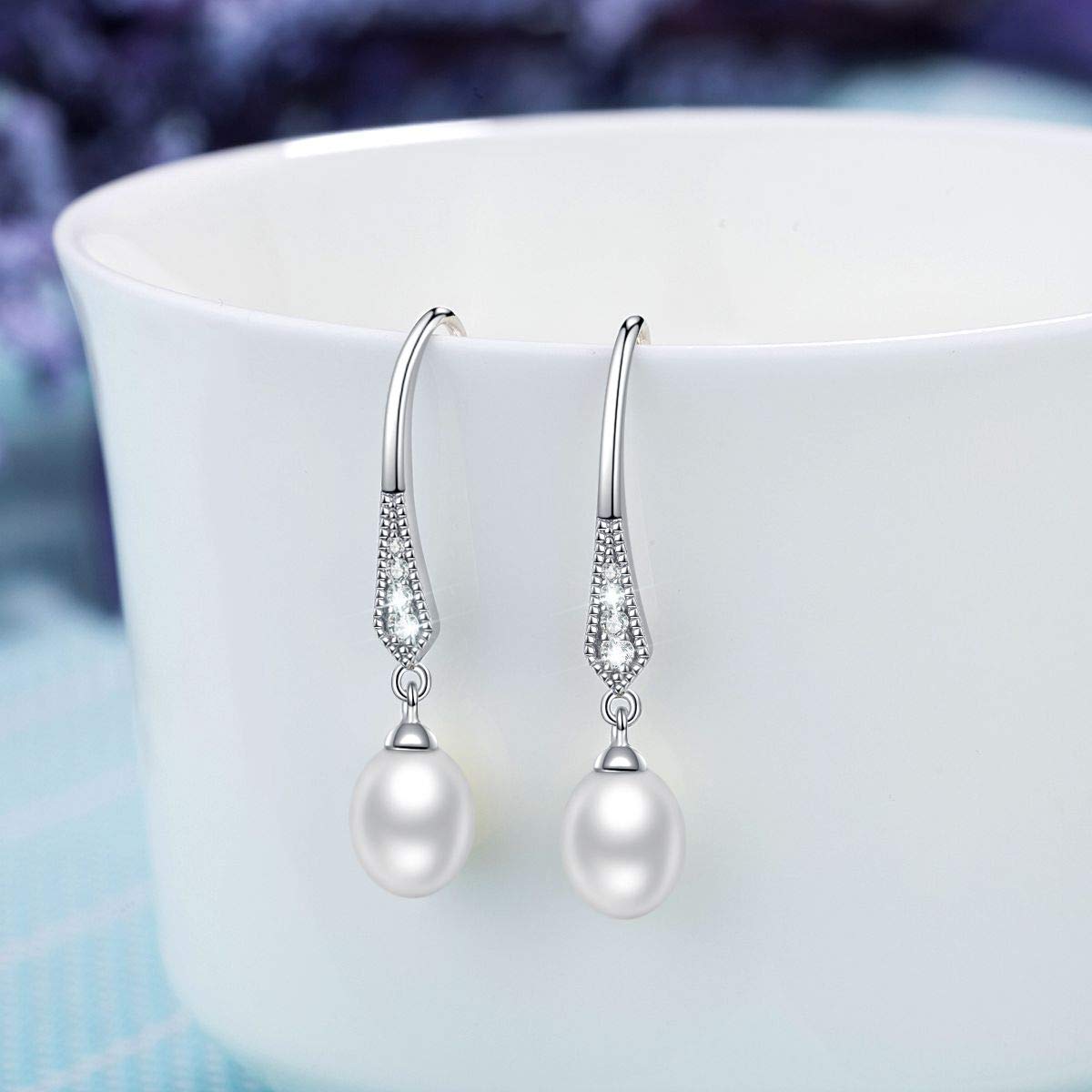 Pearl Drop Earrings Silver for Women Dangling, AAAA+ Freshwater Cultured Pearls Earrings Dangle, Sterling Silver Real Pearl Earrings Jewelry,Birthday Anniversary Christmas Gifts