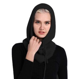 Facecozy Winter Hats for Women, Wool Blend Hooded Scarf Hat for Women Balaclava Knit Skull Cap Beanie Hat Men Neck Gaiters Black