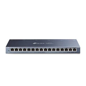 tp-link 16 port gigabit ethernet network switch, desktop/ wall-mount, fanless, sturdy metal w/ shielded ports, traffic optimization, unmanaged (tl-sg116) black