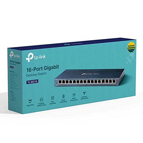 TP-Link 16 Port Gigabit Ethernet Network Switch, Desktop/ Wall-Mount, Fanless, Sturdy Metal w/ Shielded Ports, Traffic Optimization, Unmanaged (TL-SG116) Black