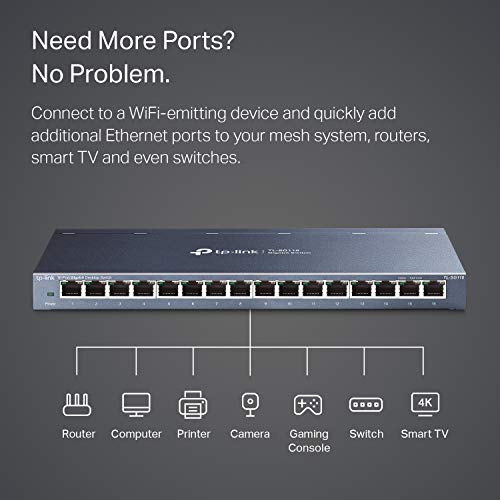 TP-Link 16 Port Gigabit Ethernet Network Switch, Desktop/ Wall-Mount, Fanless, Sturdy Metal w/ Shielded Ports, Traffic Optimization, Unmanaged (TL-SG116) Black