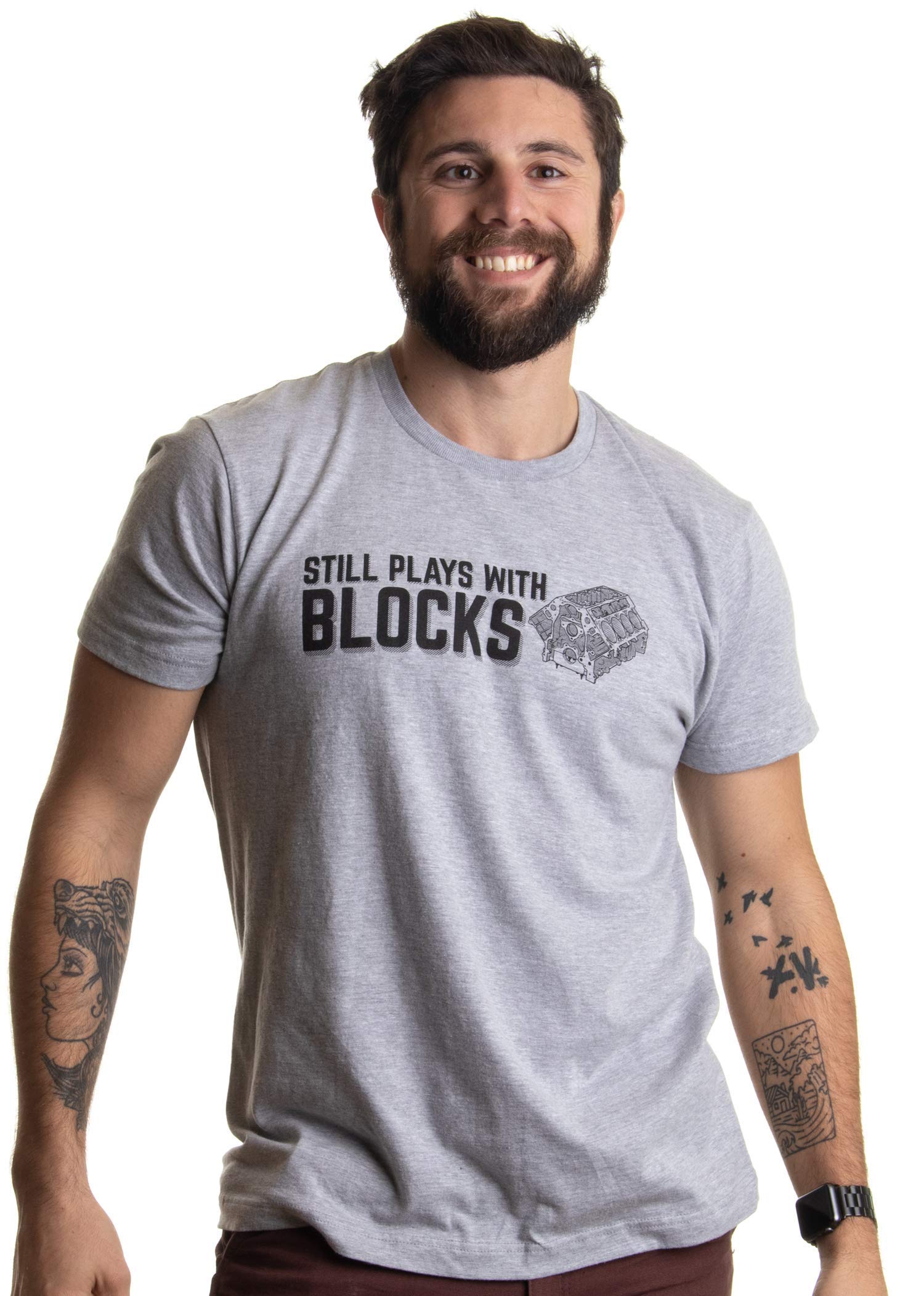 Ann Arbor T-shirt Co. Still Plays with Blocks | Funny Engine Mechanic Car Guy Truck Repair Men T-Shirt-(Adult,L) Sport Grey