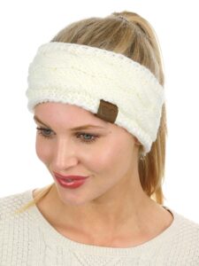 c.c soft stretch winter warm cable knit fuzzy lined ear warmer headband, ivory